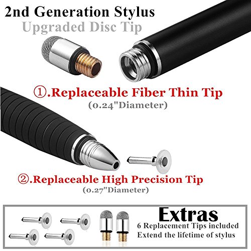 MEKO (2nd Generation) [2 in 1 Precision Series] Disc Stylus Pen for iPhone, iPad Pro/Mini/Air, Samsung Galaxy and All Touch Screen Devices Bundle with 6 Replacement Tips,Pack of 2(Black/Rose Gold)