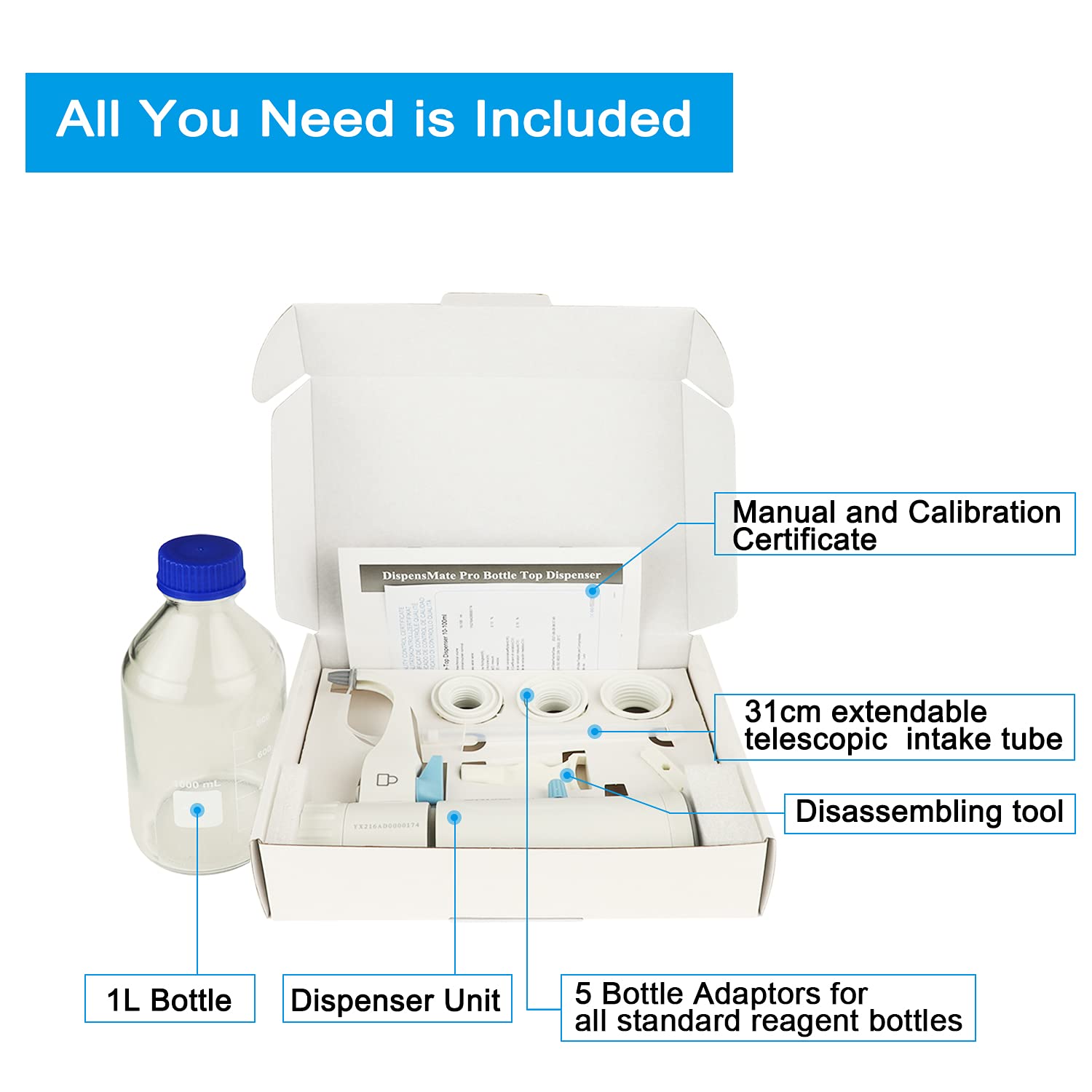 ONiLAB Bottle Top Dispenser with 1L Round Media Storage Bottle(0.5-5ml)