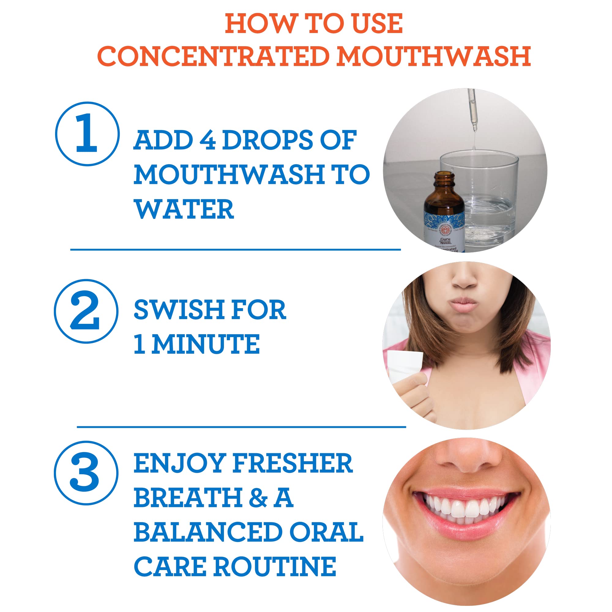 GuruNanda Concentrated Mouthwash, Helps with Bad Breath, Promotes Teeth Whitening, Made with 100% Natural Essential Oils, 1 Bottle Equals 300 Rinse, Fluoride-Free - Mint Flavored (2 oz)