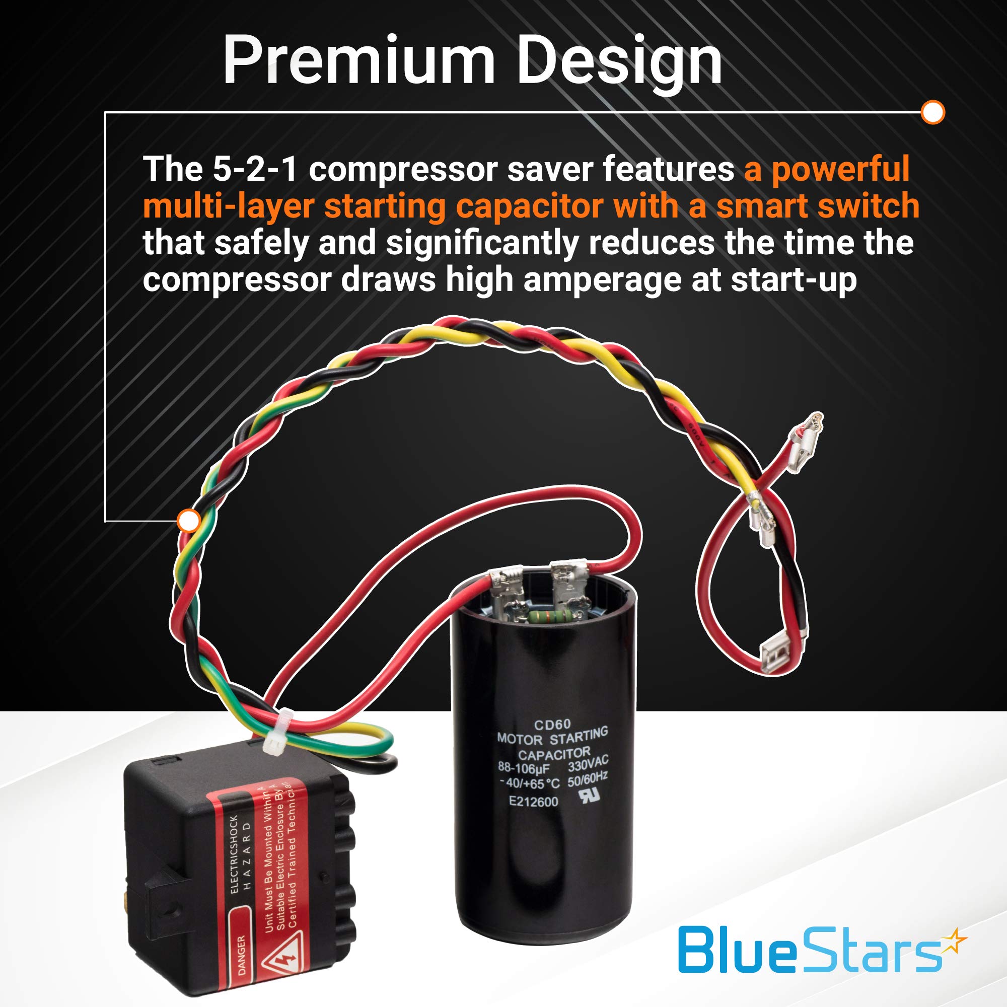 BlueStars Premium 5-2-1 CSR-U1 CSRU1 Compressor Saver Hard Start Capacitor Kit for 1- to 3-ton AC units - Durable 5-2-1 HVAC Compressor Saver Hard Start Capacitor - Easy to Install - PACK OF 1