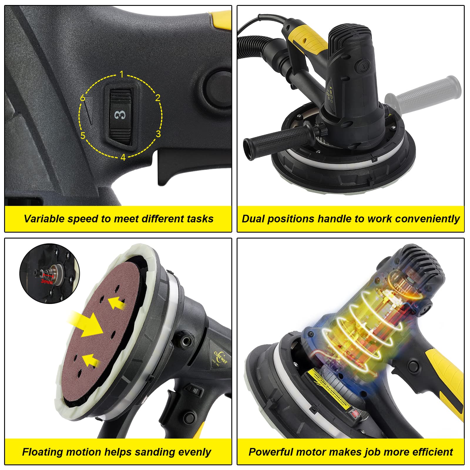 CUBEWAY Drywall Sander, Handheld Electric Drywall Sander with Vacuum Attachment and Variable Speed, Sheetrock Sander Machine with LED Light 10pcs Sanding Discs and 26FT Power Cord