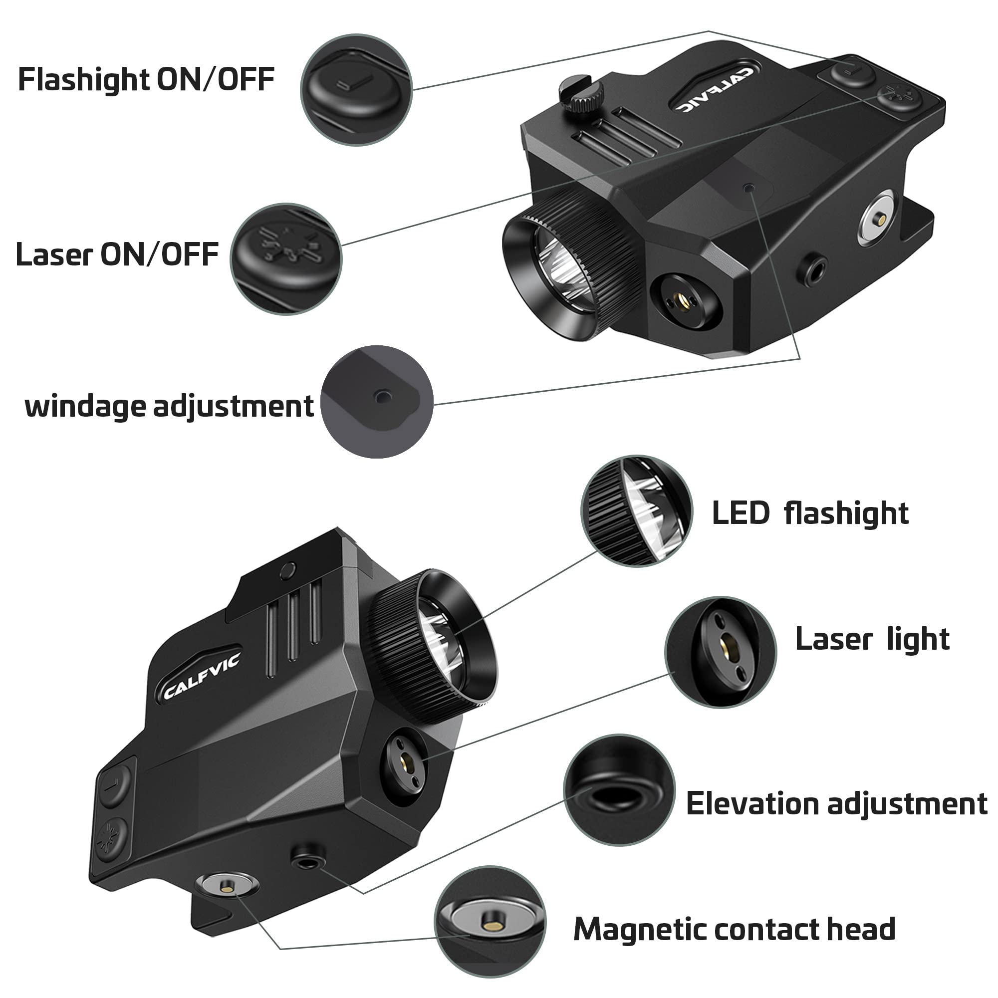 CALFVIC Pistol Light Laser Sight Gun Light Picatinny Weaver Rail with Magnetic Charging Quick Release Strobe Function Tactical 450 Lumens LED Laser Sights for Handguns Pistols Rifles