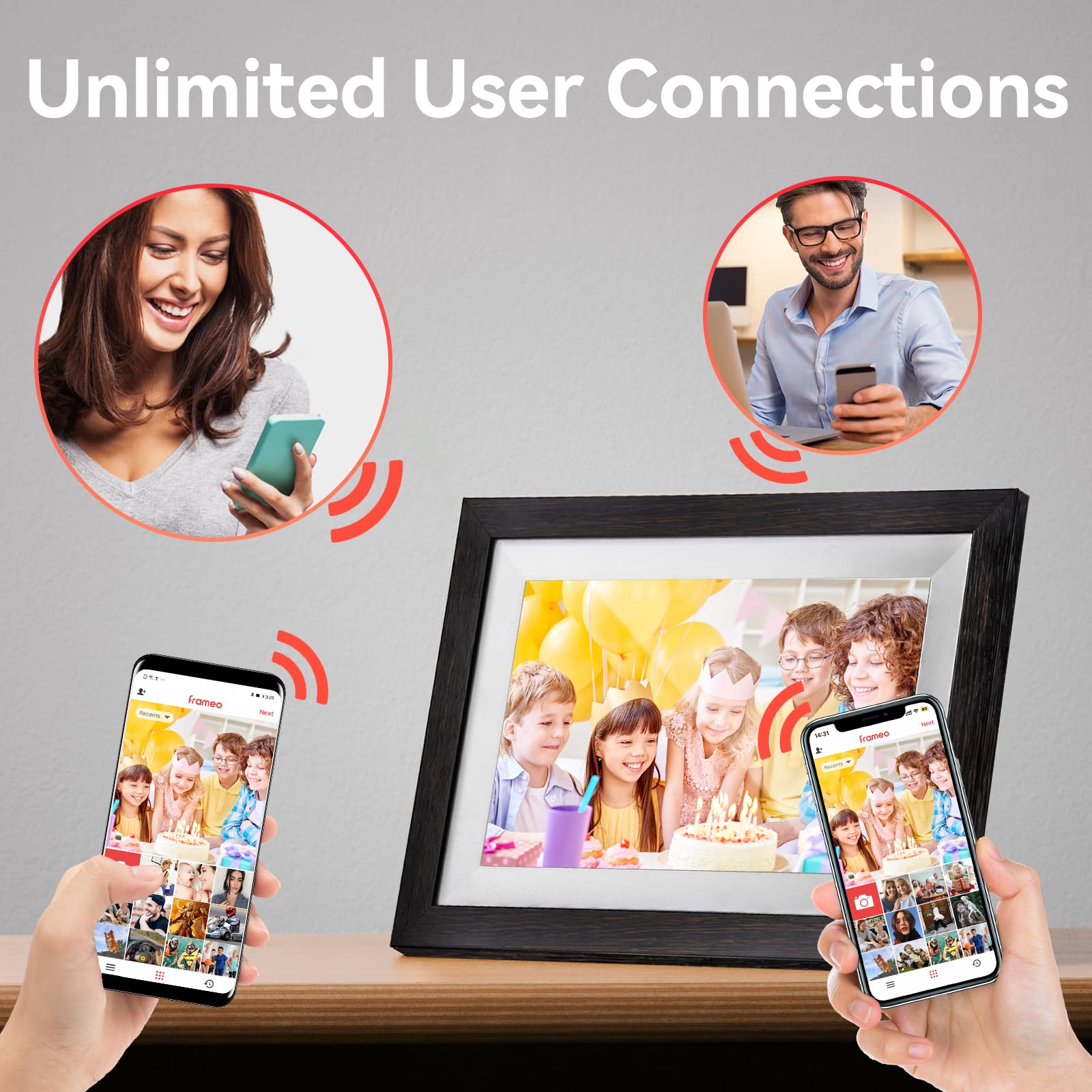 Digital Picture Frame, Frameo WiFi 10.1" Smart Digital Photo Frame, 1280x800 IPS TouchScreen Large Memory Wall-mountable Auto-Rotate, Easy to Set Up Share Photos Video via Frameo App Ideal Gifts-Brown