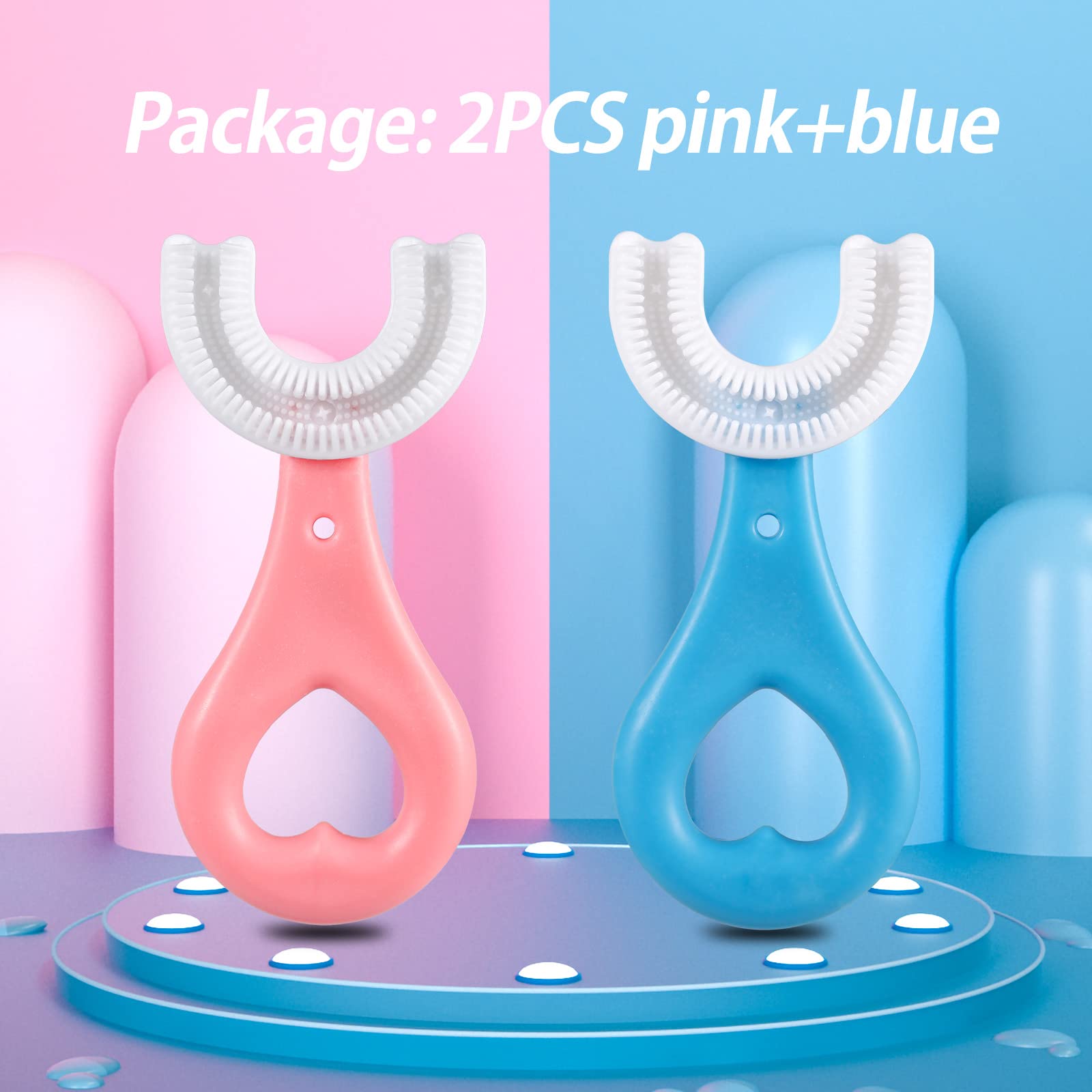 LEBEMPEL Kids U Shaped Toothbrush 2 Pcs Manual Toddler Toothbrushes 360° Oral Cleaning Tools Children Tooth Brush with Food Grade Soft Silicone Brush Head (Aged 2~6)