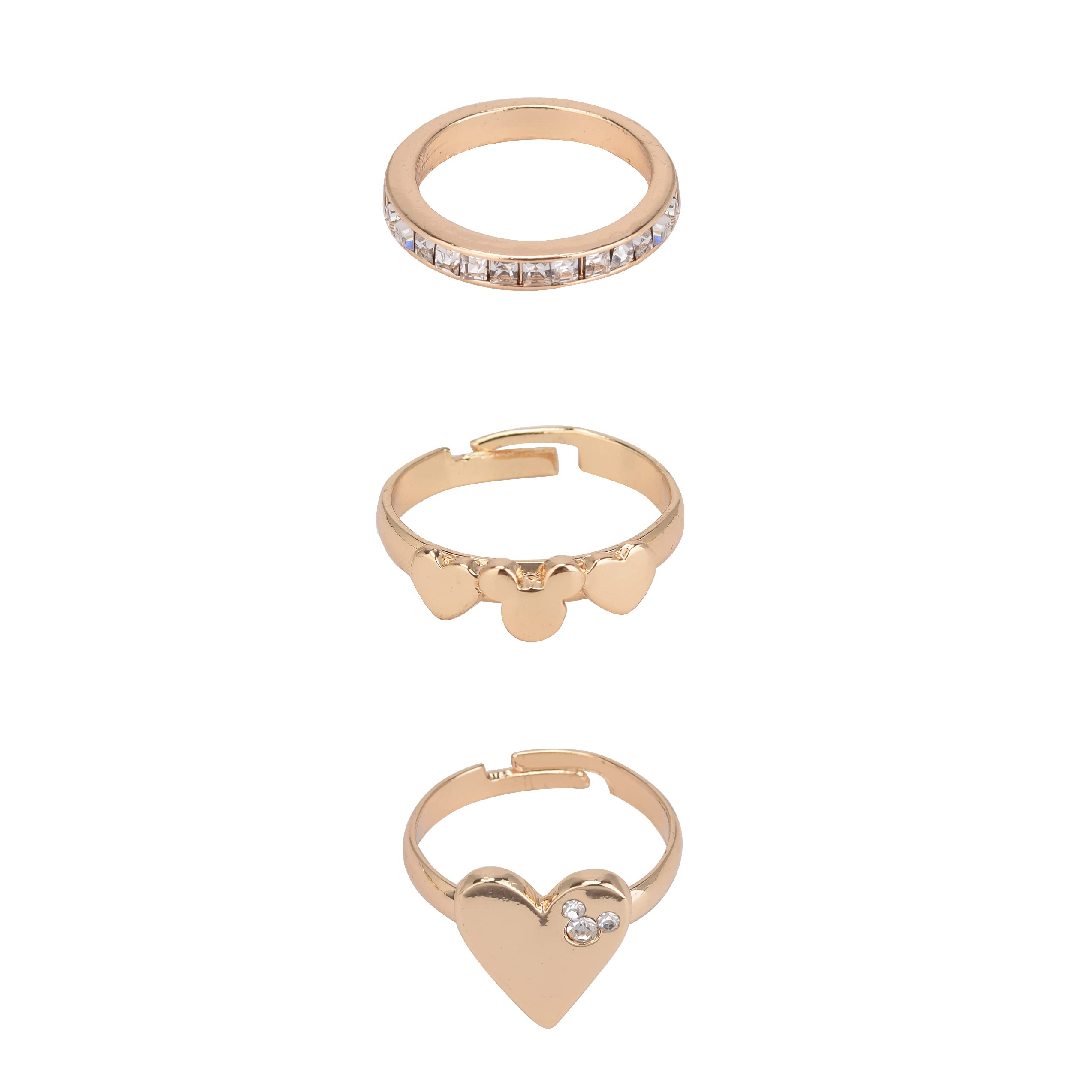 DISNEY Mickey Mouse Heart 3 Piece Stackable Ring Set for Women, Girls in Authentic Jewelry Gift Box, Gold Tone with Character Shape, Crystal Accent Designs, Fits Size 5-7