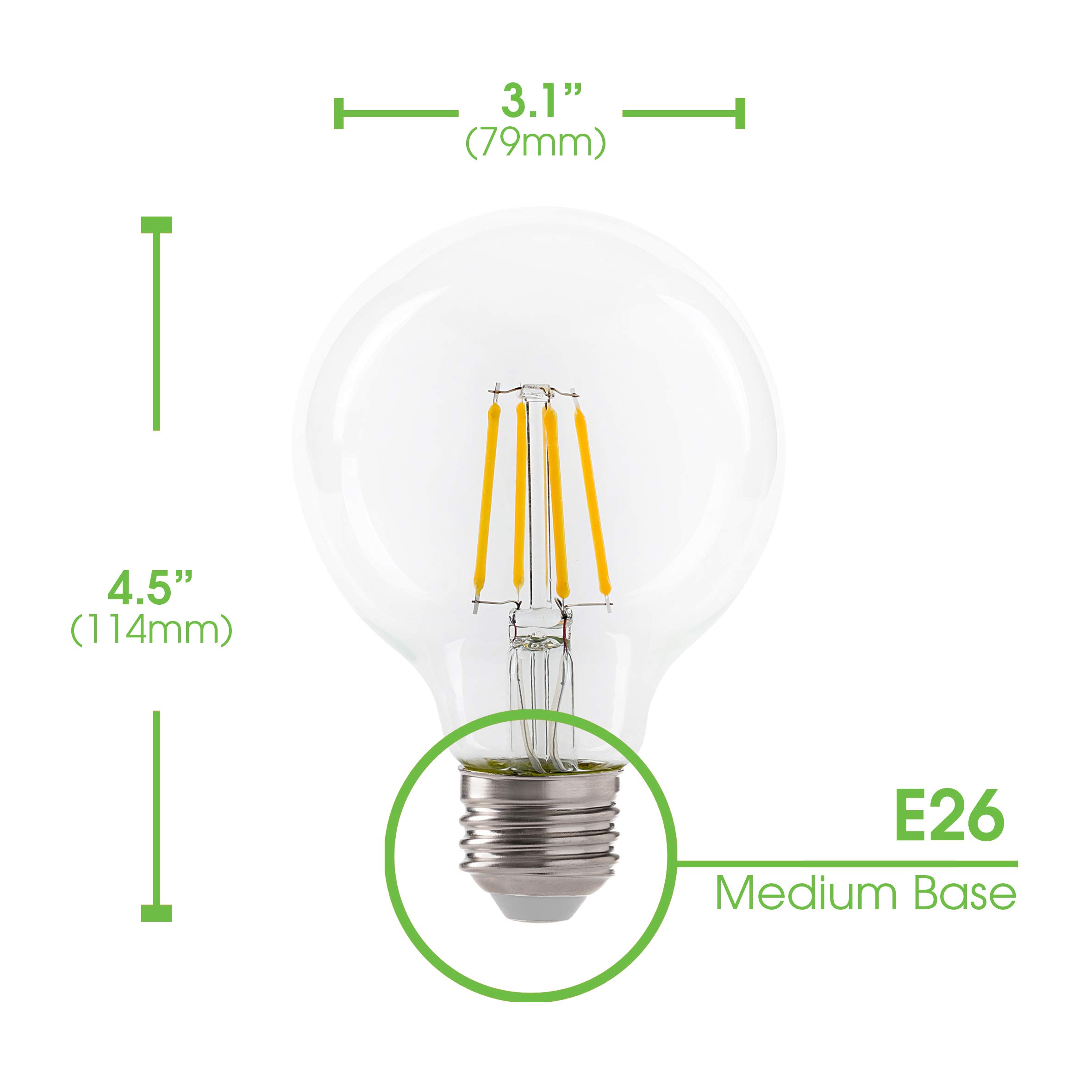 LED 4.5W G25 Clear Globe Filament Light Bulb, 40W Equivalent, 470 Lumens, 2700K Soft White, E26 Medium Base, Dimmable, 120V, Energy Star, (4 Pack)