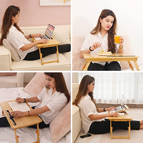 Lap Desk, COIWAI Laptop Desk for Bed, Bamboo Adjustable Height Angle Foldable Stand with Tablet Phone Slot Storage Drawer, Portable Tray Table for Netebook Computer Breakfast Work Study Reading Kids