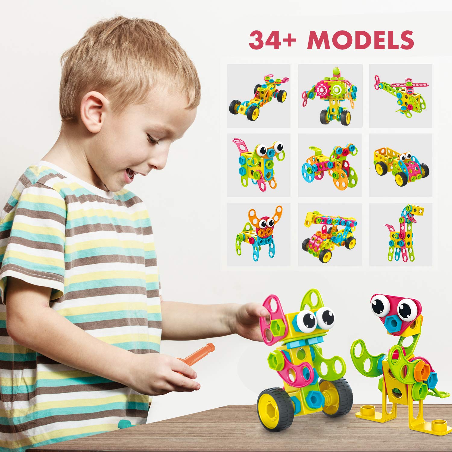 MOBI-US Toys 260 Piece STEM Learning Toys Kids Construction Engineering Kit Building Block Toy Blocks Children Early Education Playset Power Drill w/Free IdeaBook, Clickable Ratchet, Age 3+ US-T260