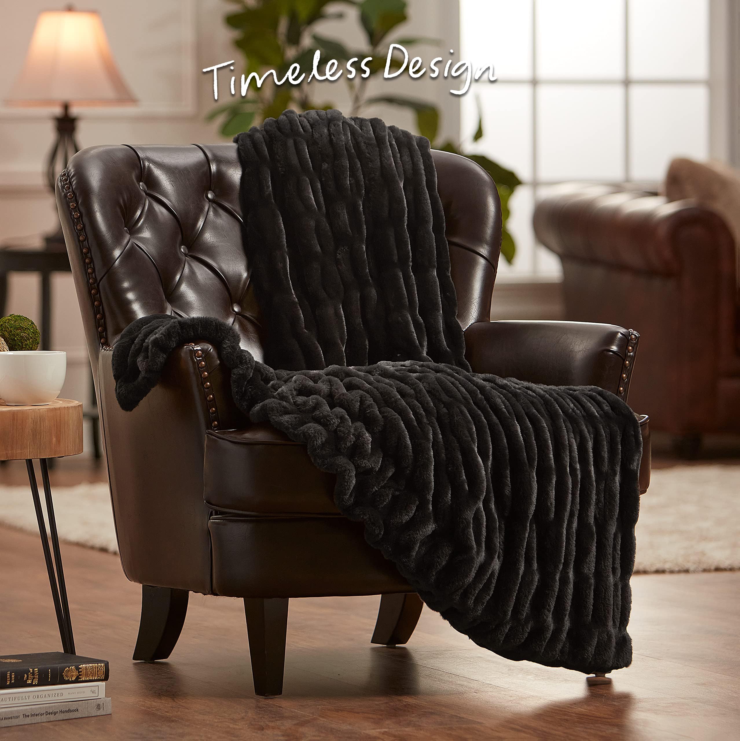 Chanasya Premium Ruched Faux Fur Throw Blanket - Luxurious, Soft Reversible Mink Blanket - 50" x 65” - Black