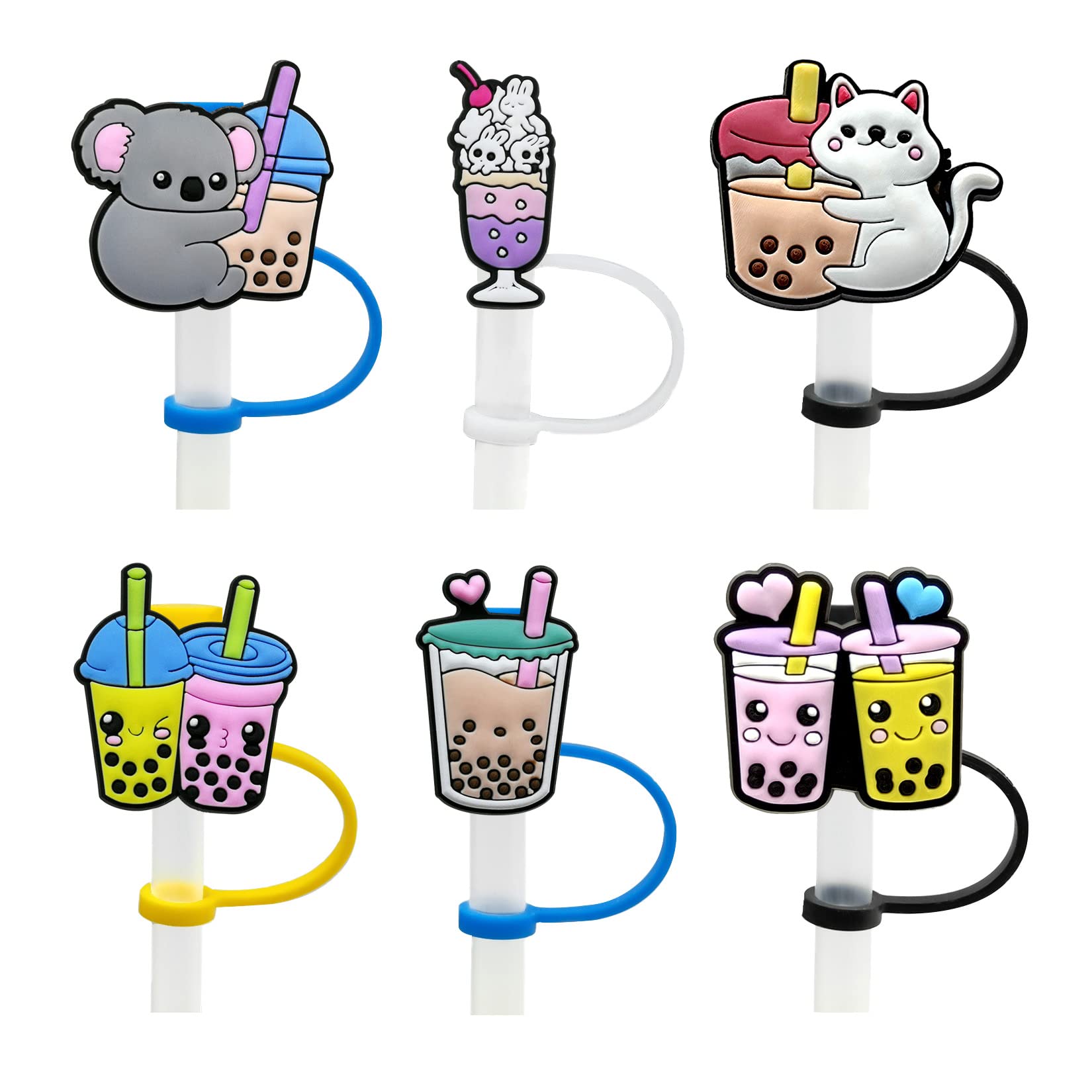 Cute Straw Covers Cap, Dust-Proof Straw Toppers, Reusable Drinking Straw Cover, Splash Proof Straw Caps, Portable Silicone Straw Tip Covers Decoration(6 Pcs Mixed Style)
