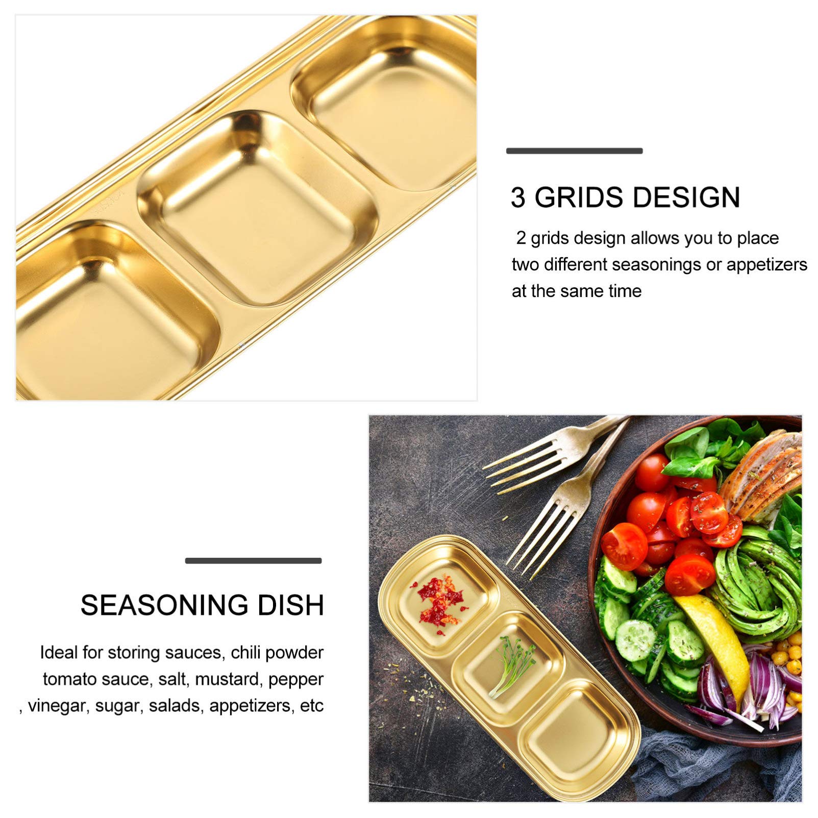 DOITOOL 2Pcs Stainless Steel Dipping Sauce Dishes, 3 Compartment Soy Sauce Dipping Bowls, Sushi Dipping Bowl Appetizer Plates Serving Dish for Soy Sauce, Ketchup, BBQ Sauce or Seasoning (Gold)