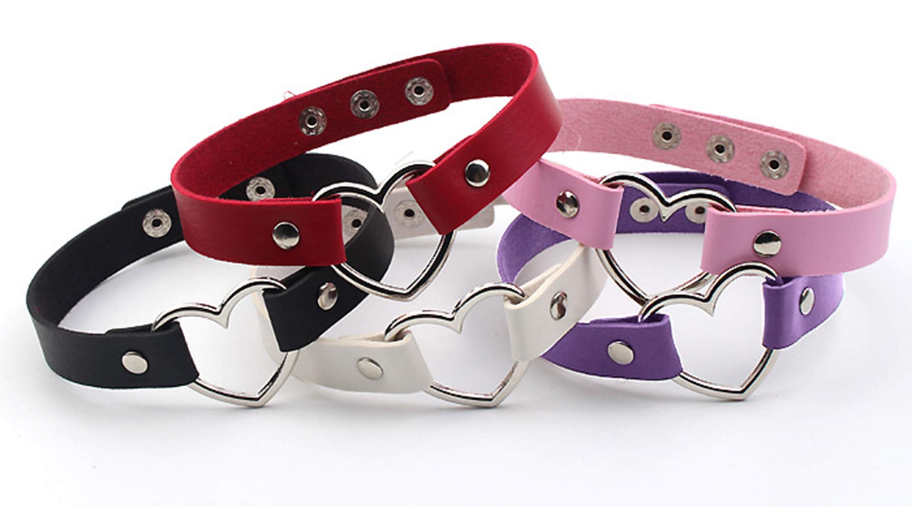 calary PU Leather Goth O ring and Love Heart Collar Chain for Women Girl (5 Set L Multied 5)