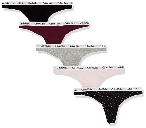 Calvin Klein Women's Carousel Logo Cotton Stretch Thong Panties, 5 Pack, Black/Nymphs Thigh/Tawny Port/Grey Heather/Ck Confetti Black, Medium
