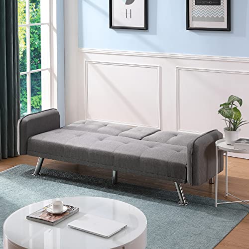 ERDAYE Folding Modern Futon Sofa Loveseat Convertible Sleeper Couch Bed for Living Room Apartment Small Space Furniture Sets with 2 Cup Holders,Metal Legs, Removable Soft Square Armrest,Light Gray