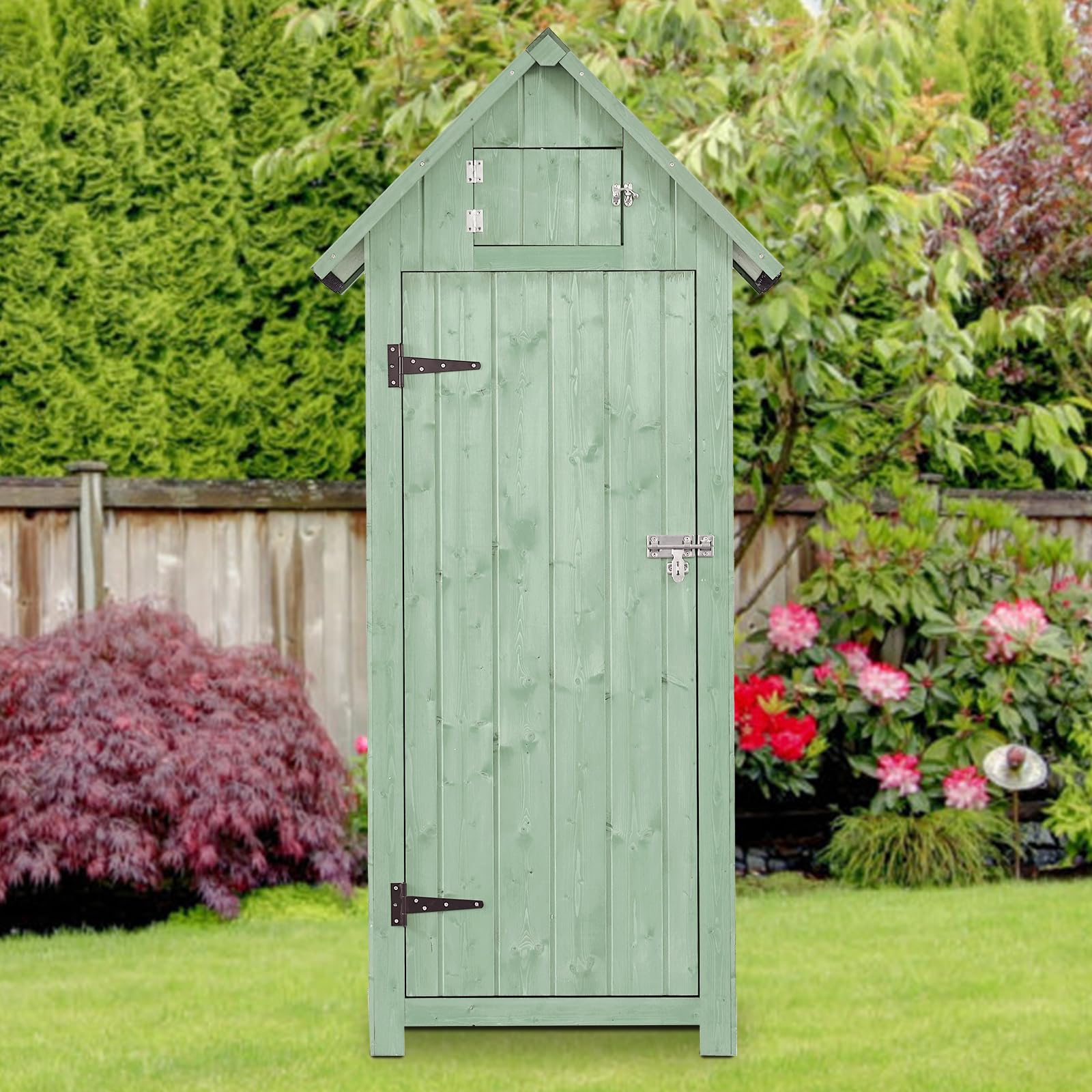 FairOnly Outdoor Shed Storage Cabinet, Garden Wooden Sheds, Outside Storage Cabinet Weather Proof with Floor, Fir Wood Tool Organizer with Door and Shelves for Backyard, Hallway (Green)