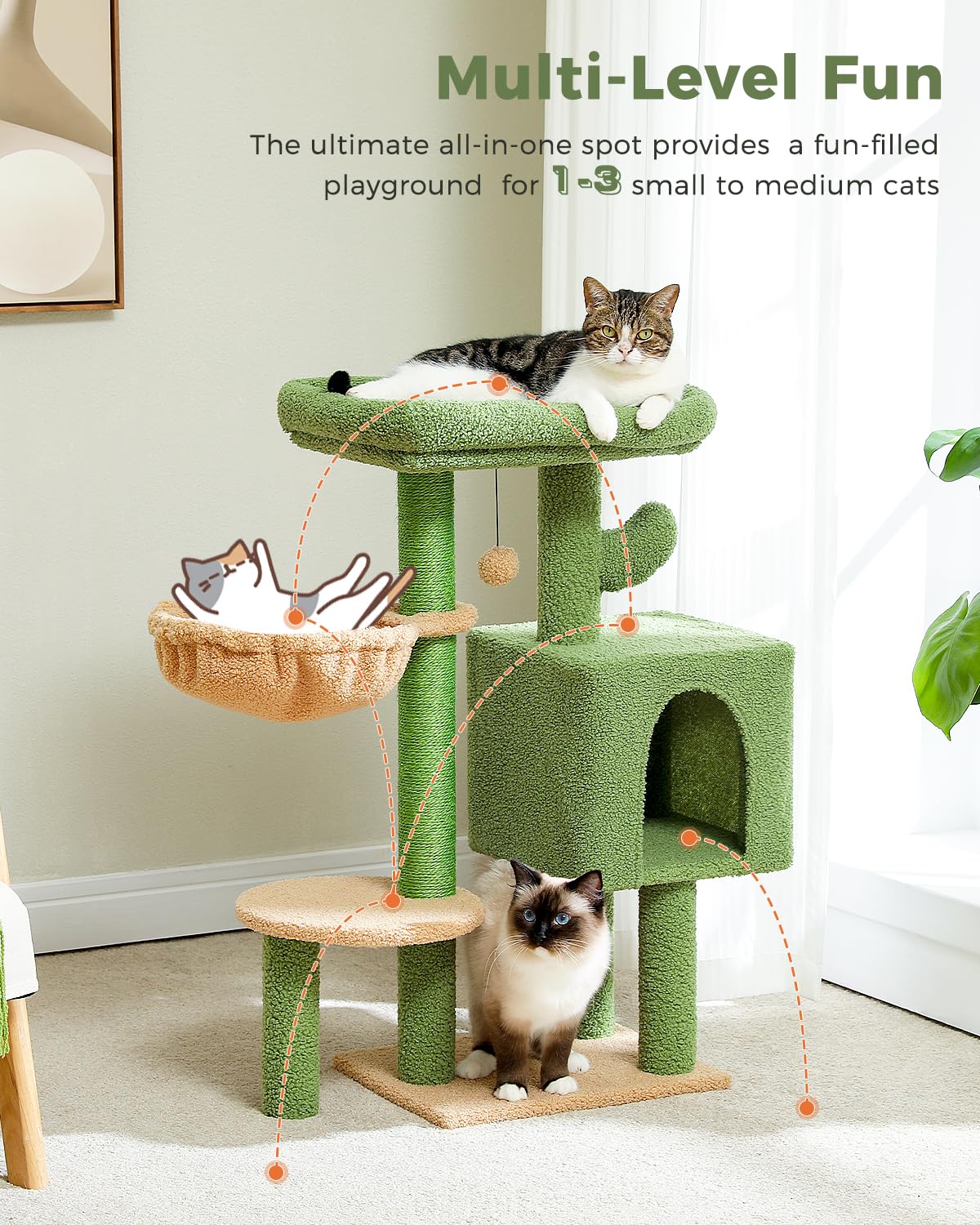 Cactus Cat Tree 35.4" Cute Cat Tower Cat Condo for Indoor Cats w/Large Padded Perch, Fluffy Dog Couch Bed, Modular Dog Bed for X-Large Dogs