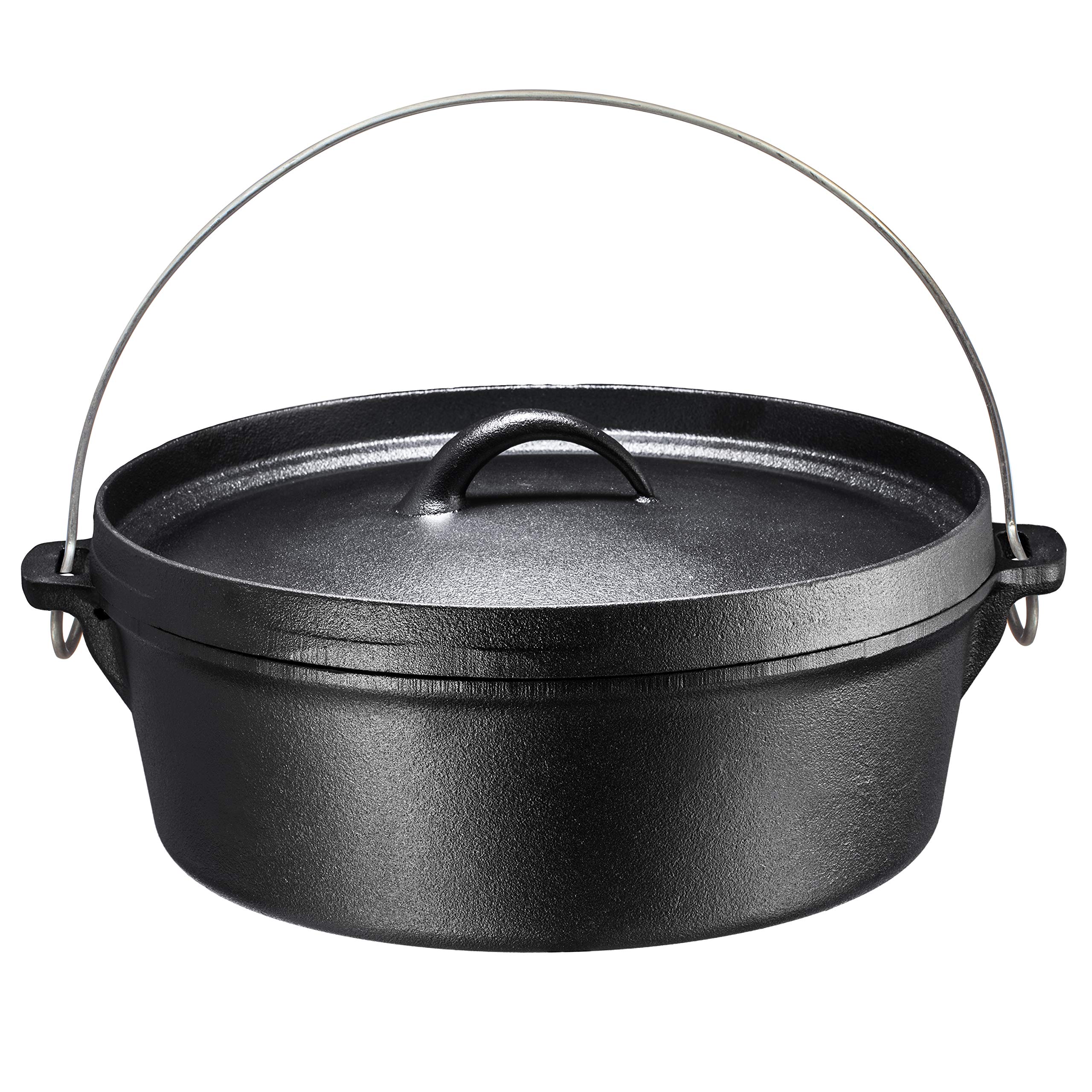 Bruntmor Pre-Seasoned Cast Iron Dutch Oven with Flanged Lid Iron Cover, for Campfire or Fireplace Cooking Pre-Seasoned Camping Cookware Flat Bottom 6 Quart- Black