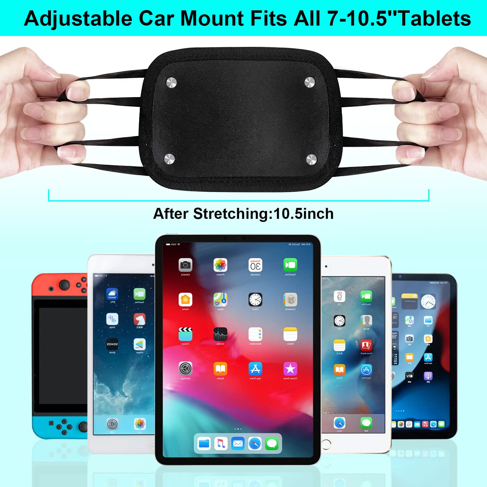 Car Tablet Holder,Car Headrest Mount Holder for Car Back Seat with Silicone Holding Net and Anti-Slip Strap,Angle-Adjustable Fits All 7-12.9" Tablets