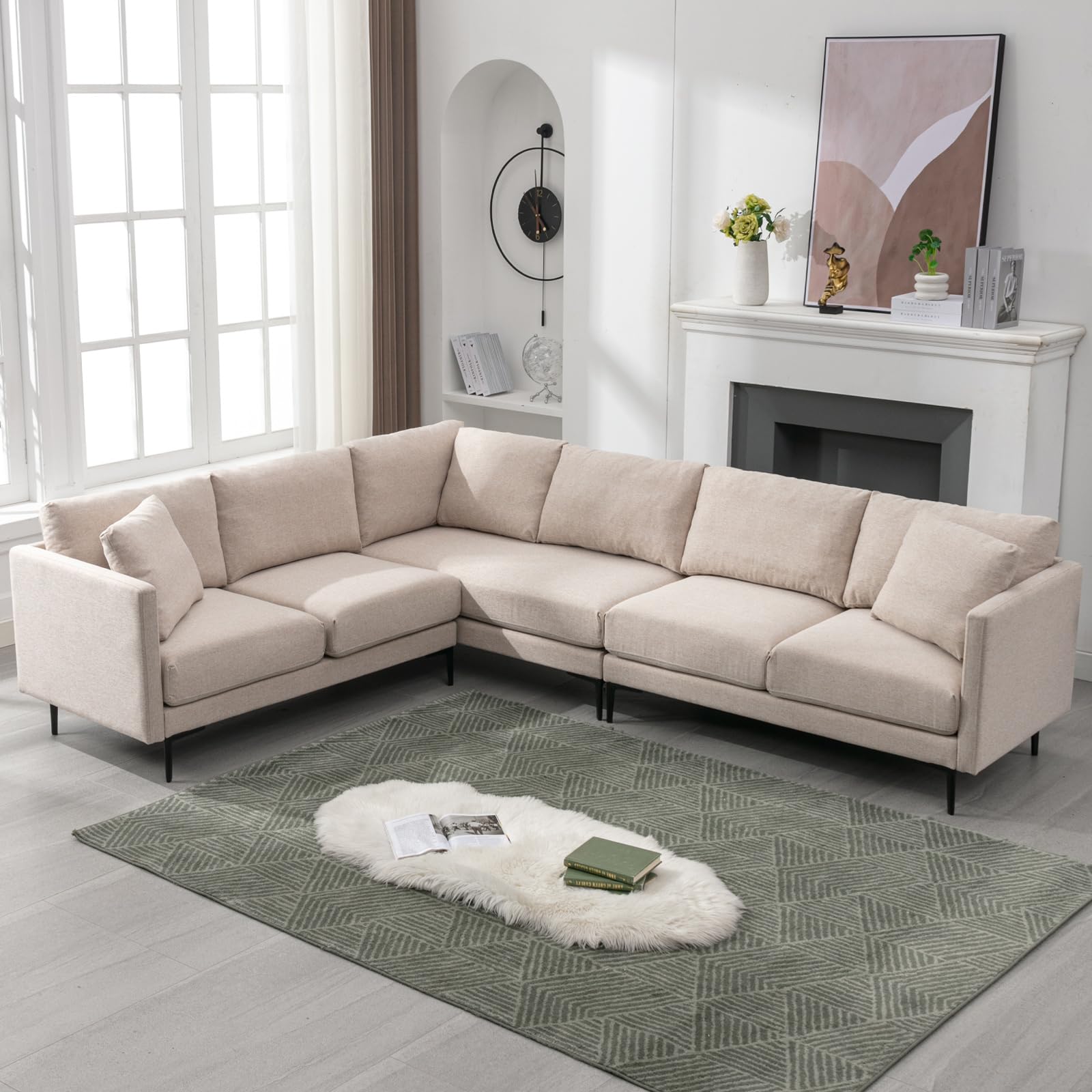 Mjkone 107" Modern Linen Sectional L-Shaped Couch, Convertible L Shaped Sofa with 2 Cushions, Oversized 5 Seat Corner Sofa Couch Set with Sturdy Legs for Living Room Apartment - Beige