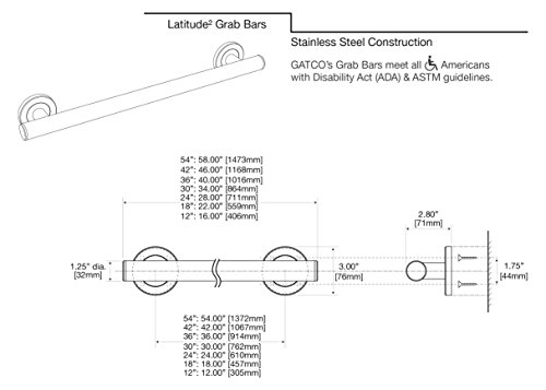 Gatco 858MX Latitude II, Grab Bar, 42โ, Matte Black/ADA Compliant Wall Mount Stainless Steel 42 Inch Safety Grab Bar for Bathroom