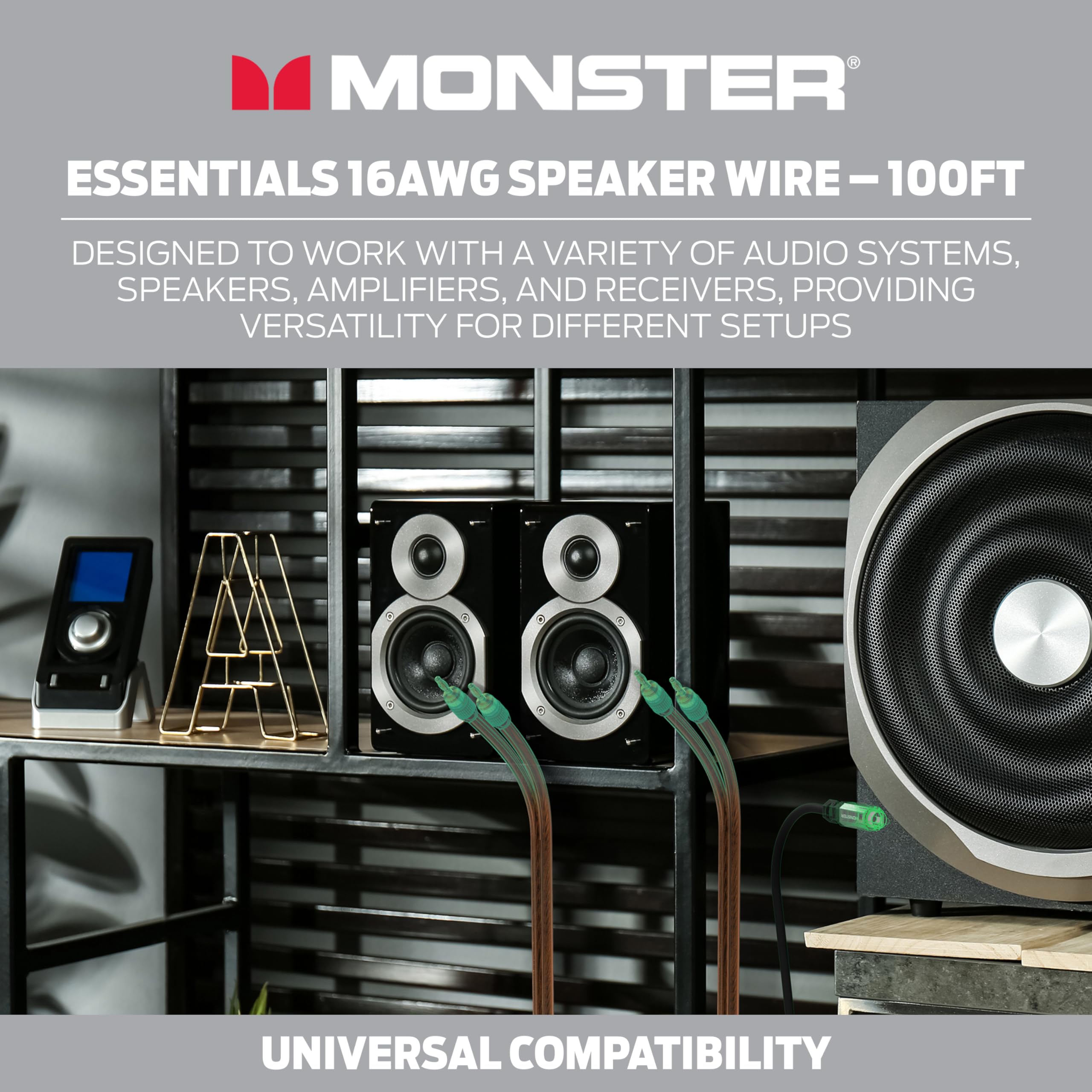 Monster Essentials High Performance Speaker Wire 16 Gauge Copper Clad Aluminum (CCA) Speaker Cable 100 FT Spool β Ideal Home Cinema Speaker Wire Cable and Car Audio Speaker Cables/Speaker Wires