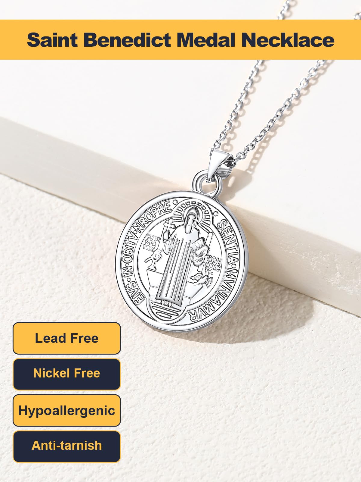 U7 Men Women St Benedict Necklace 925 Sterling Silver Round Medal Protect Saint Nursia Benedict Pendant and Chain 18 Inch