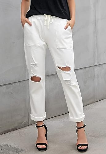 Metietila Women’s Casual Pull-on Distressed Stretch Jean Elastic Waist White Jeans Denim Joggers Pants for Women Medium