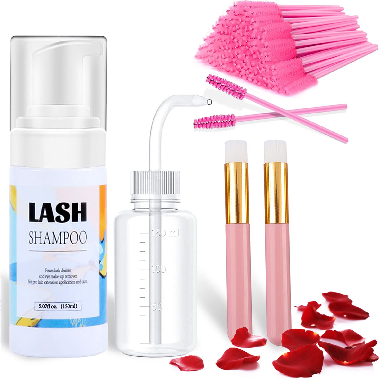 Eyelash Extension Cleanser 150ml + Rinse Bottle+ 2 Brushes+50 Mascara Wands, Eyelash Extension Shampoo, Eyelid Foaming Cleanser, Eyelash Wash and Lash Bath for Extensions, Oil Free