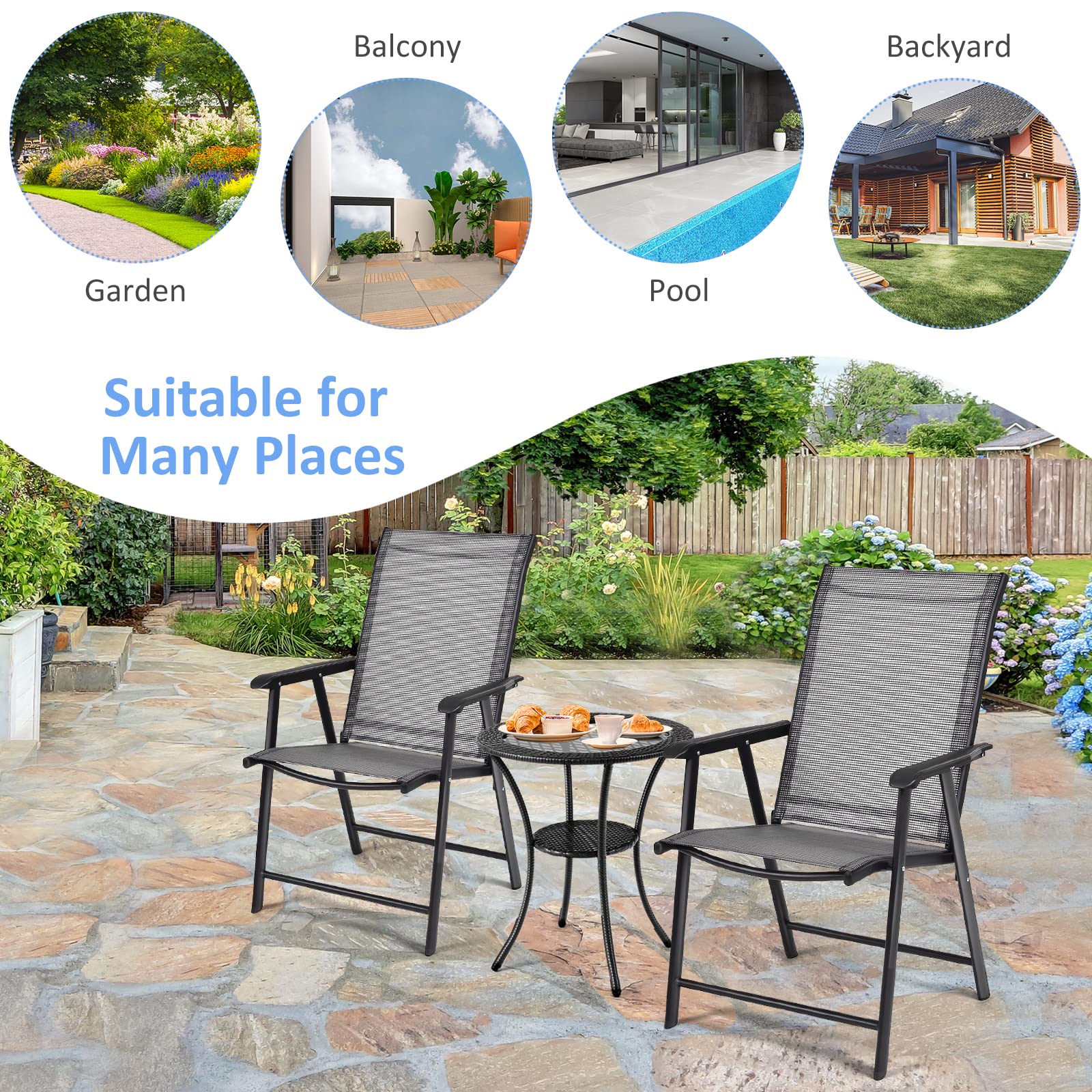 Tangkula Set of 4 Patio Folding Chairs, Fabric Dining Chairs with High Back & Armrests, Portable Camping Lounge Chairs with Sturdy Metal Frame, Outdoor Sling Chairs for Patio Lawn Garden (Grey)