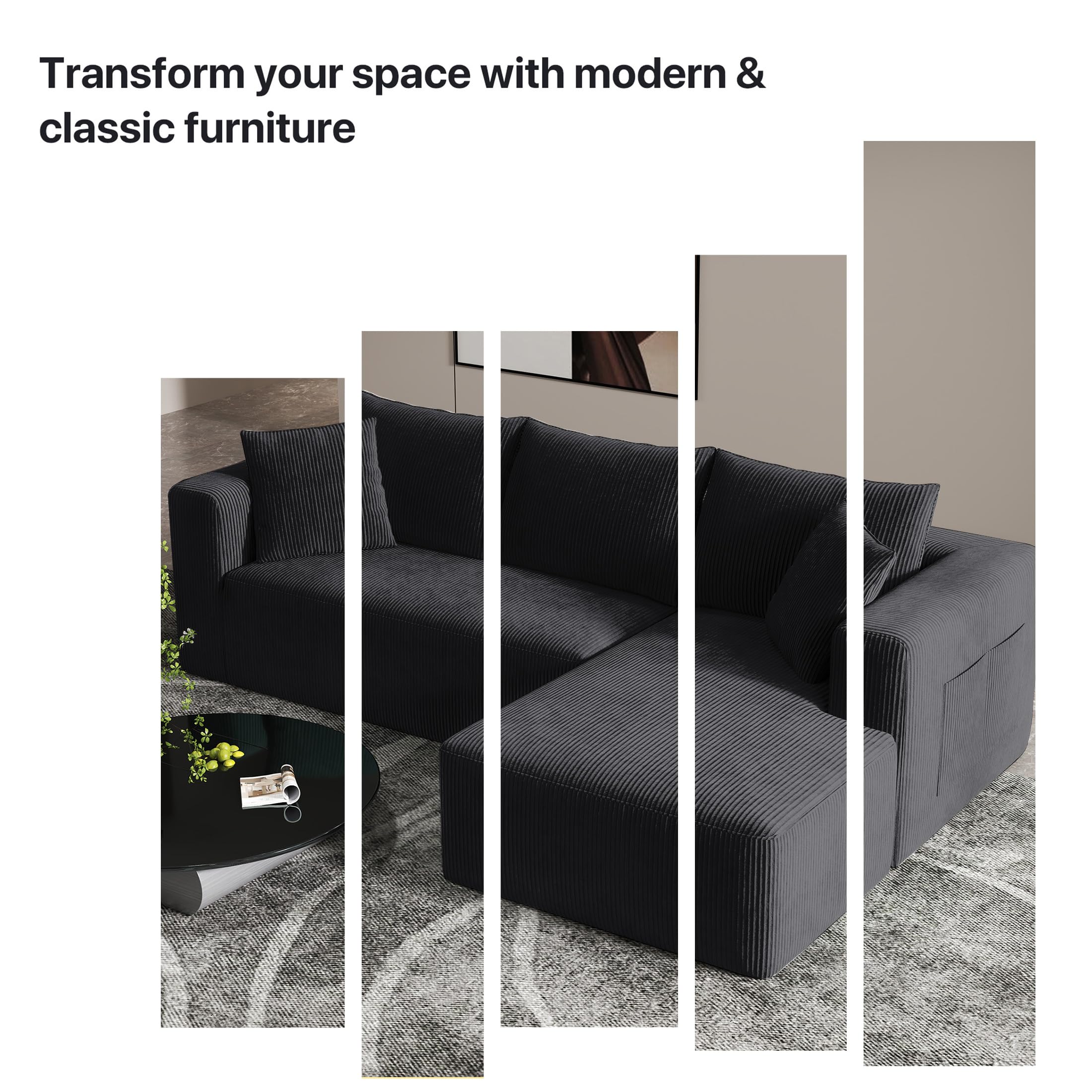 FOCALSWEET 105'' Sectional Sofa, Cloud Couch with L-Shape Chaise, Modern Modular Couches with Deep Seat, No Assembly High-Density Sponge Corduroy Fabric Sofa with 5 Pillows for Living Room, Black