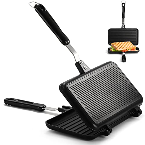 SOUJOY Sandwich Maker, Non-stick Gril Panini Maker Pan with Handle, Stovetop Toasted Aluminum Flip Pan Indoor Outdoor Home Kitchen Breakfast