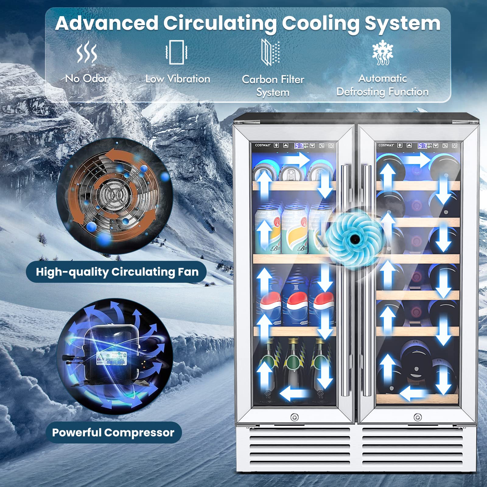 COSTWAY 24 Inch Wine and Beverage Refrigerator, Dual Zone 19 Bottles and 57 Cans Wine Cooler, Under Counter Wine Fridge with Lock, Built-In Freestanding Beverage Fridge for Beer Soda Drink