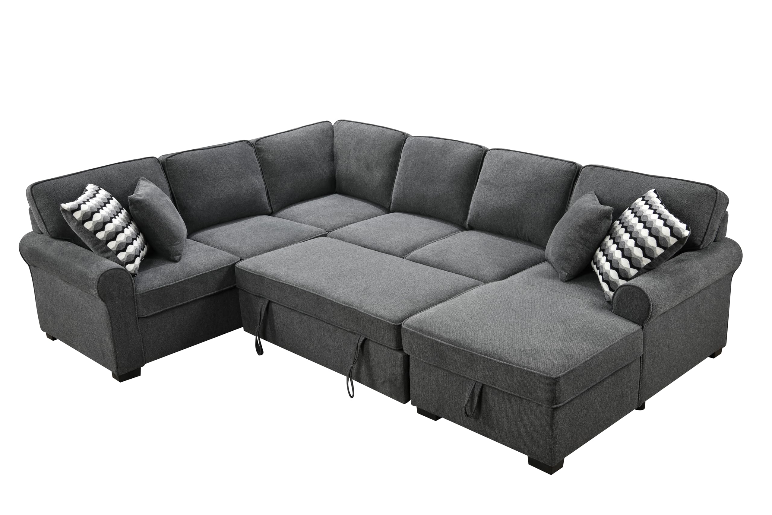 RENDGO 117" U Shape Sectional Sleeper Sofa Bed with Storage Chaise for Large Space Dorm Apartment,Beige, 7 Seater