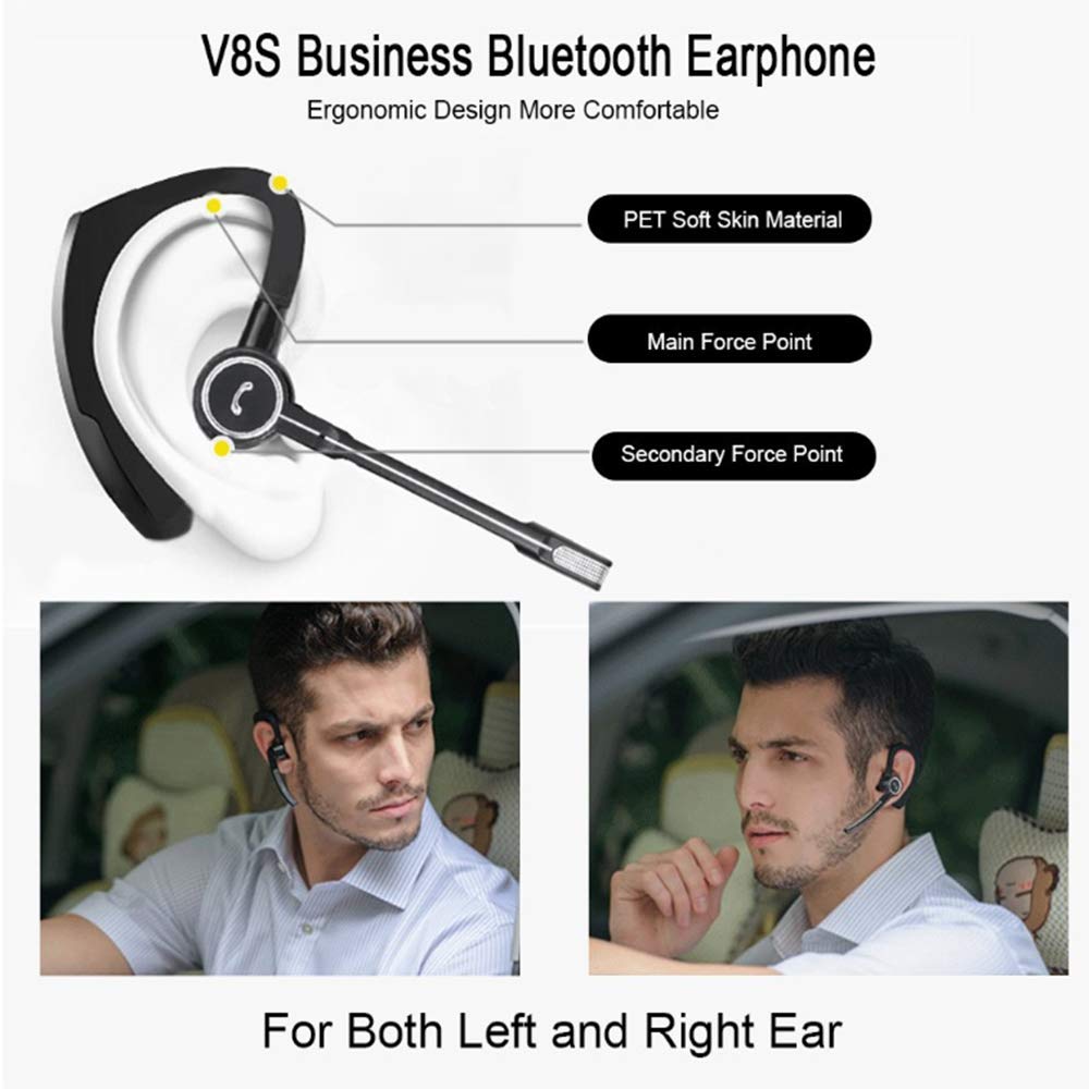 Bluetooth Headset Bluetooth Earpiece Business Headphones Ear Hooks HD Stereo Noise Cancelling in-Ear Earbuds with Mic and Voice Control for Business/Office/Driving Call