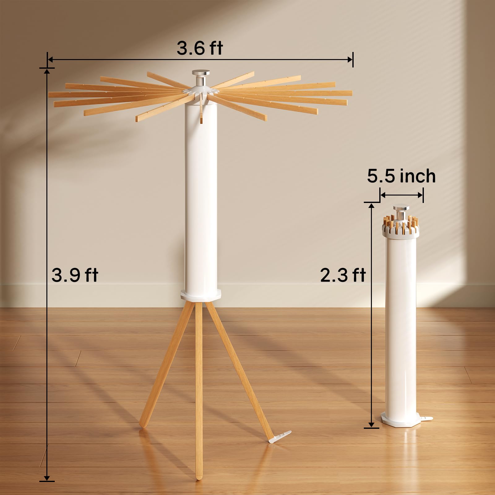 kenvc Tripod Clothes Drying Rack, Folding Space Saving Compact Laundry Drying Rack-16 Rotatable Arms for Hanger, Diameter 3.6FT, 3 Legs for Indoor Outdoor Apartment Balcony (Wood)