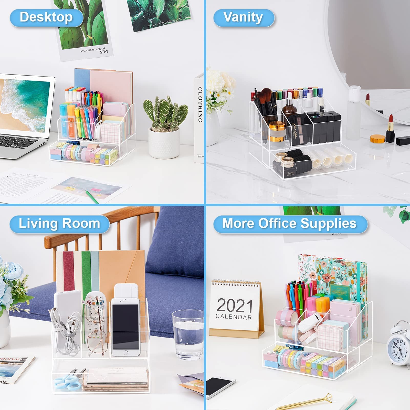 VITVITI Acrylic Desk Organizer, Upgraded Clear Pencil Organizer for Desk, 7 Compartments Stationary Pen Organizer Storage with Drawer, for Office Supply, 500+ Pencils Capacity