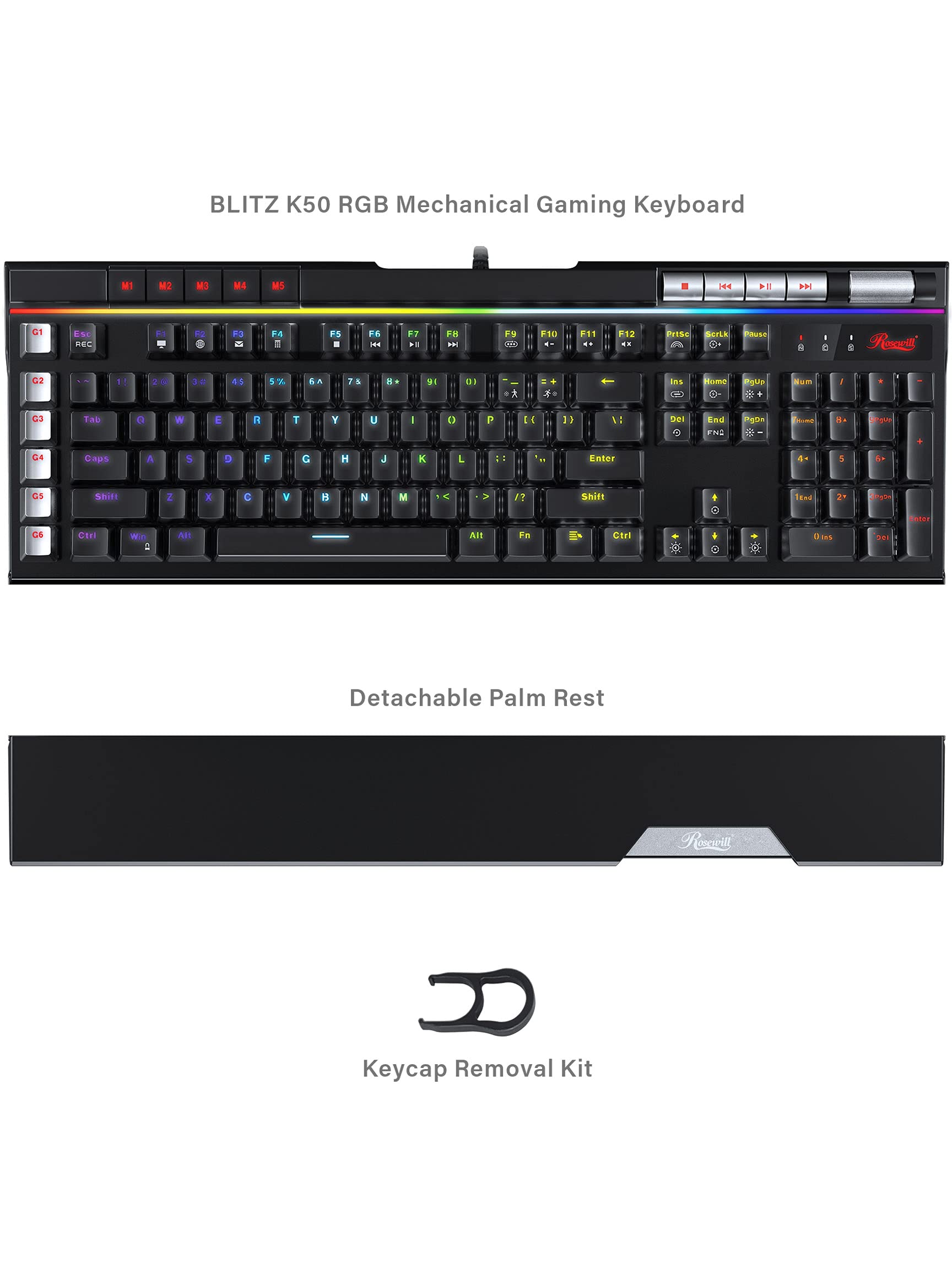 Rosewill Blitz K50 RGB Wired Gaming Clicky Mechanical Keyboard, Outemu Blue Switches, 14 RGB LED Backlight Effects, NKRO, Anti-Ghosting, 6 Macro Keys, Dedicated Media Controls, USB Passthrough