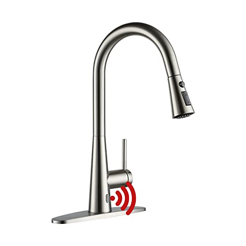 Brushed Nickel Touchless Motion Sensor Smart Hands-Free Kitchen Faucet Single Handle Kitchen Sink Faucet with Pull Down Sprayer