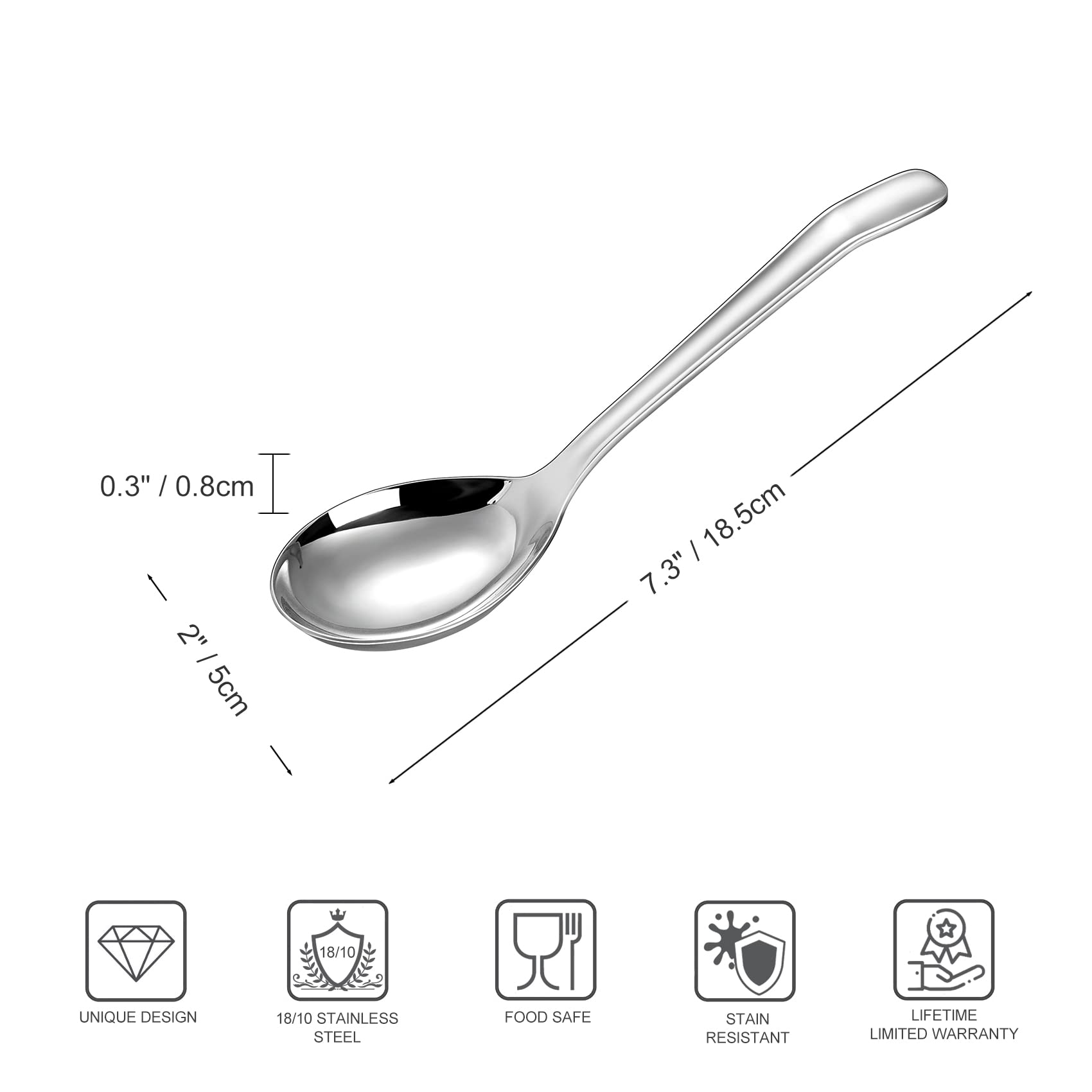 KEAWELL Premium 7.3 Inches Soup Spoons with Hook Handle, Set of 4, 18/10 Stainless Steel, Deep Bowl, Perfect for Ramen, Pho, Miso, Dumplings, Noodles, Wonton, Dishwasher Safe (Curved-Handle)