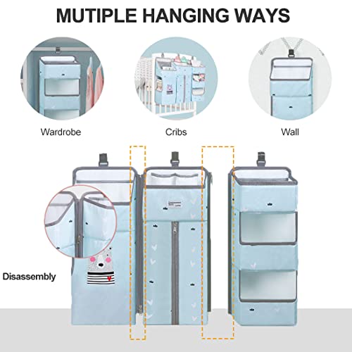 TOCKONIMN Hanging Diaper Caddy Organizer for Baby Crib - 3-in-1 Diaper Stacker for Changing Table Nursery Organization Storage Holder for Baby Essentials Attachment Portable Combining Clothing (Blue)