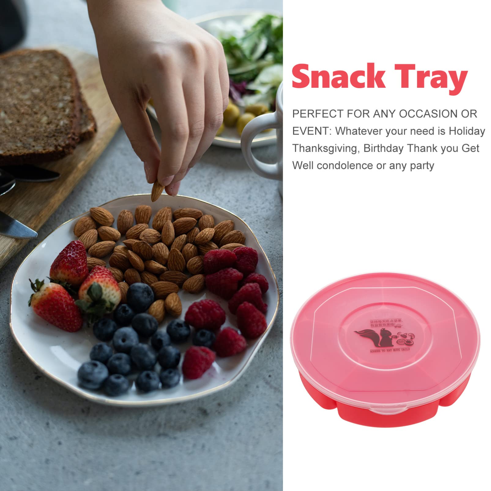 DOITOOL Candy and Nut Serving Container Divided Food Tray Snacks Plate Plastic Snack Serving Tray with Lid 6 Compartment Round Appetizer Food Organizer Red