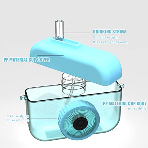 ORIJOYNA 13 oz Cute Water Bottle with Straw - Camera Shape Water Cup with Adjustable Shoulder Straps - Ideal Kawaii Gift for School (Blue)