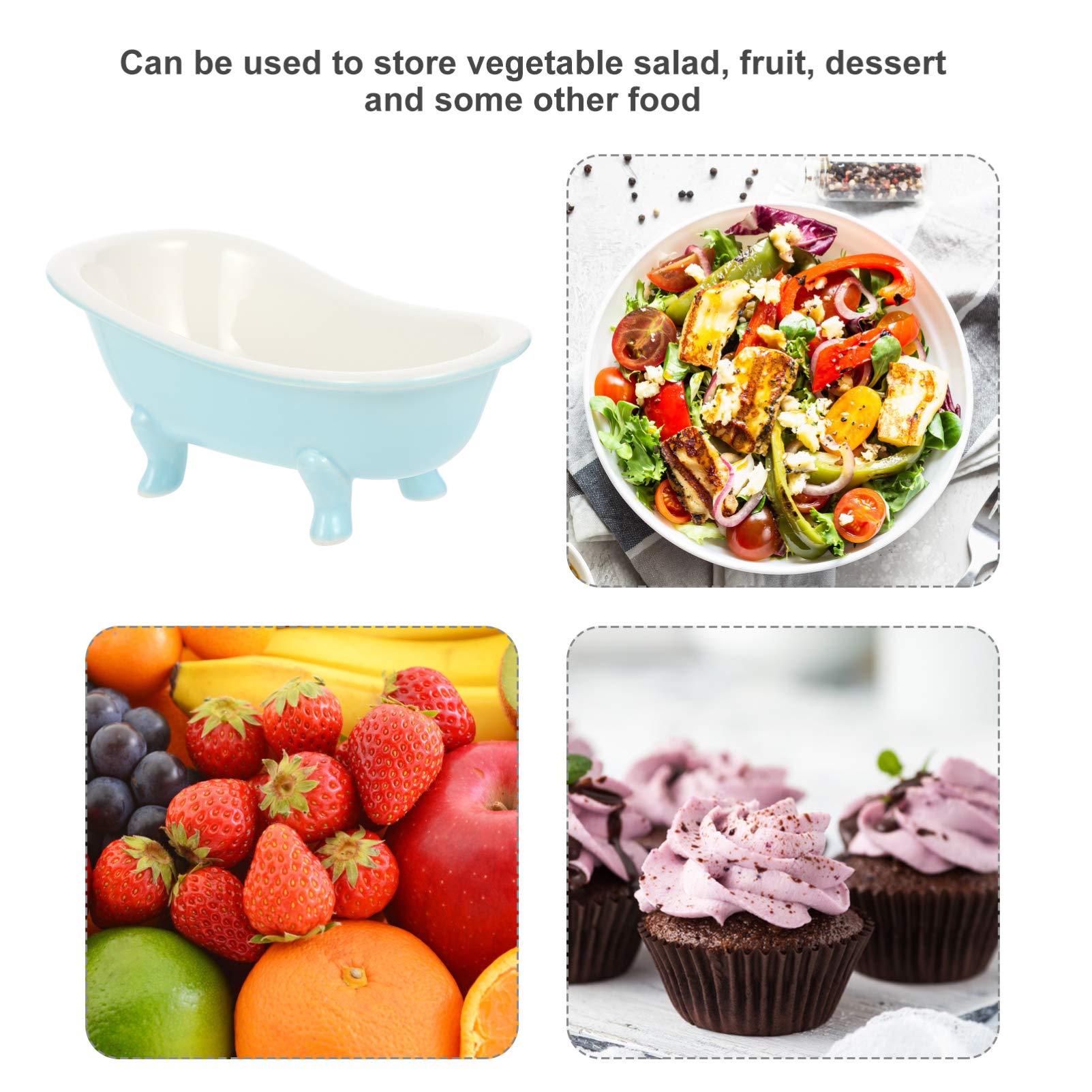 DOITOOL Ceramic Salad Bowl 200ml Cute Bathtub Shape Yogurt Ice Cream Bowl Pudding Cup Fruit Serving Dish Soap Holder for Home Kitchen (Blue)