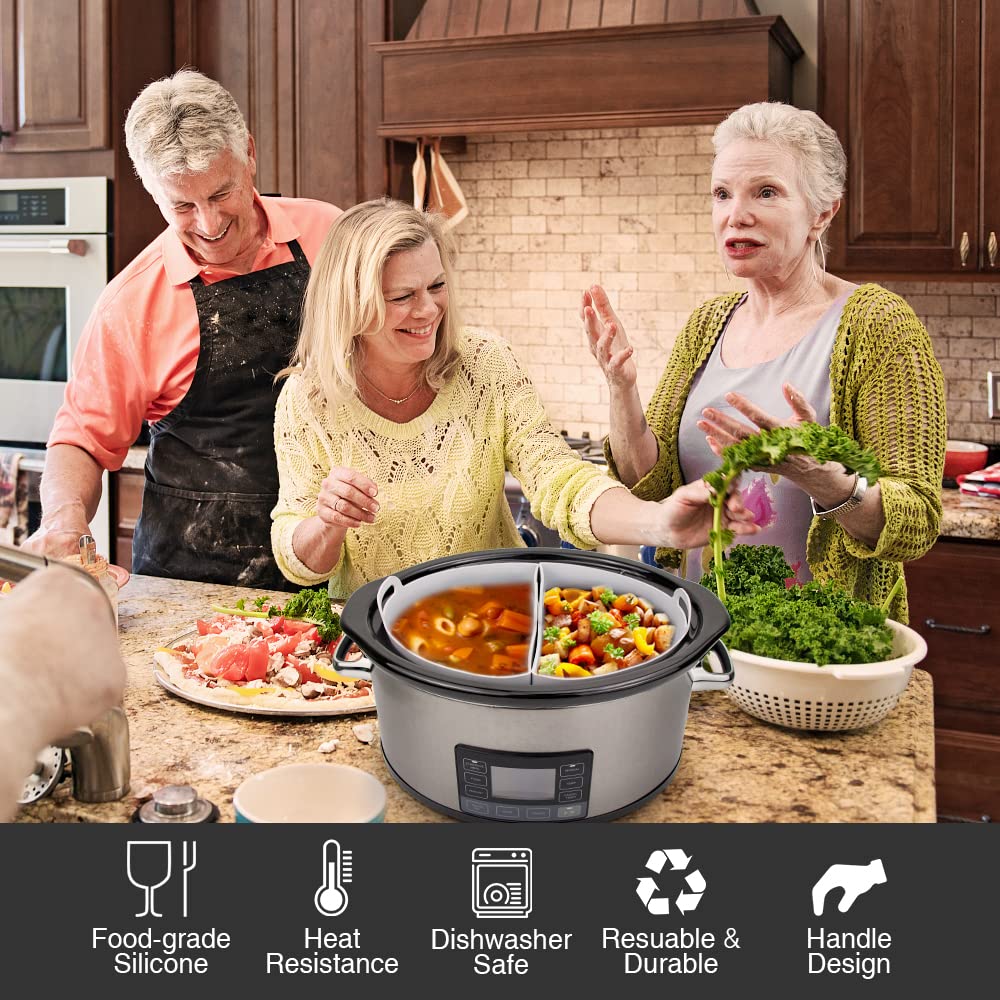 ChefAid Slow Cooker Divider Liners with Handle, 100% Silicone Reusable Slow Cooker Liners Compatible with 6-8 Quart Oval or Round Slow Cooker, Fits 7 Quart Crockpot Liners (Grey, 2 Pack)