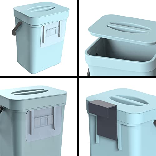Frcctre 2 Pack Plastic Waste Bin, 3L/0.8 Gal Wall Mounted Garbage Can, Small Compost Bin with Lid for Kitchen Cabinet Door, Counter Top, Under Sink, Bedroom, Bathroom, White+Blue