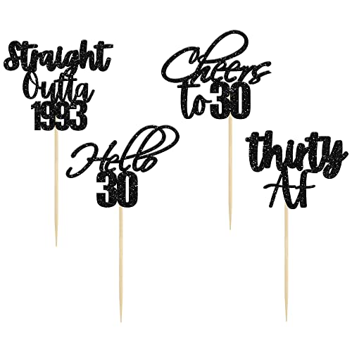 Gyufise 48 Pack Black Glitter Hello 30 Cupcake Toppers Glitter Thirty Cheers to 30 Straight Outta 1993 Cupcake Picks for 30th Birthday Anniversary Party Cake Decorations Supplies