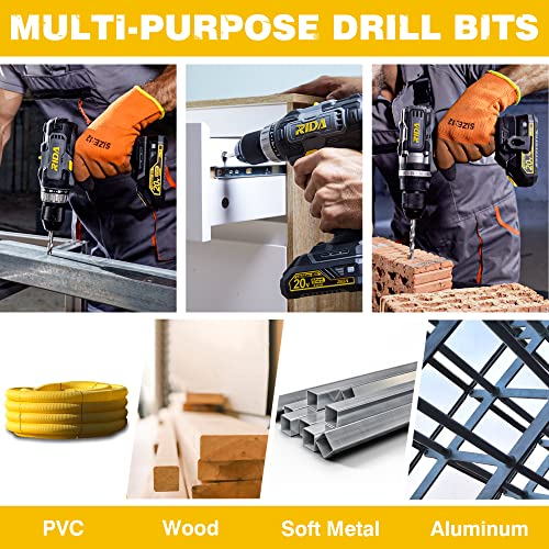 RIDA 21Pcs Steel Drill Bits High Speed Steel Jobber Length Twist Drill Bit Set 1/4" for Hardened Metal, Stainless Steel, Cast Iron, Plastic and Wood