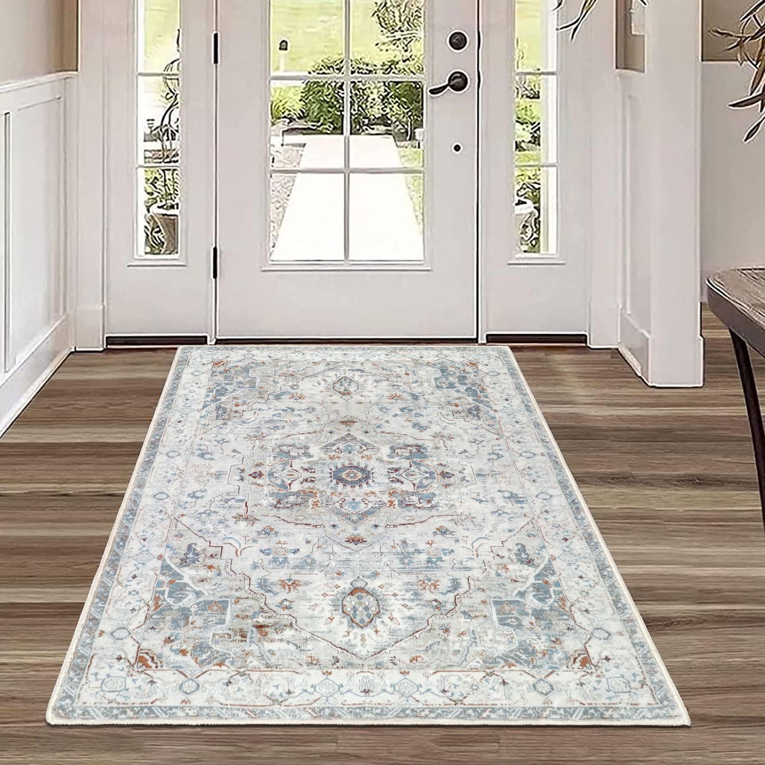 famibay 3x5 Area Rug, Boho Vintage Throw Rugs with Rubber Backing Washable Rugs for Bedroom Non Slip Soft Low Pile Floor Carpet Rugs for Entryway Kitchen Bedroom Mudroom(Blue Gray)