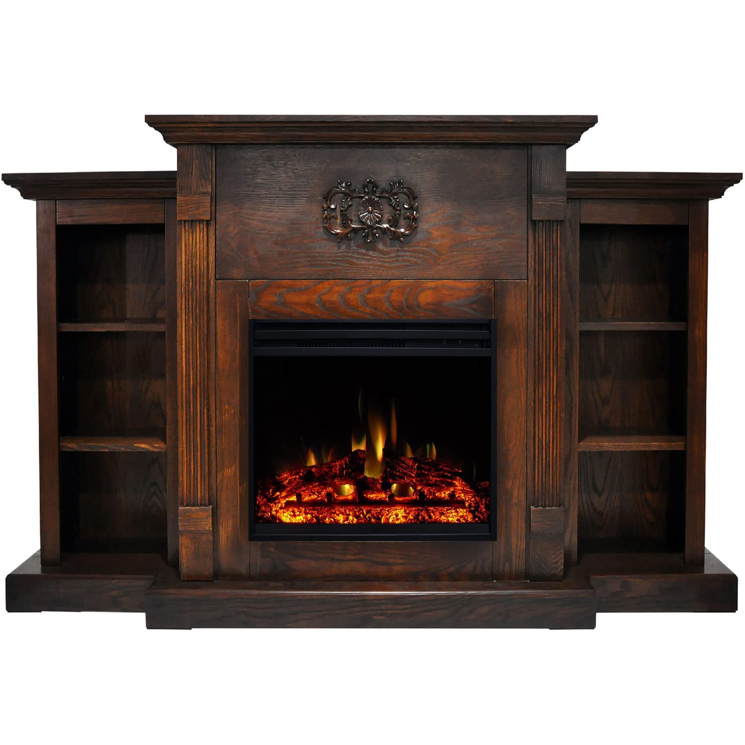 Cambridge Sanoma 72 Inch Freestanding Electric Fireplace Heater with Traditional Mantel, Built-in Bookshelves, Colorful Flames, Timer, Remote Control, Deep Log Display, Walnut