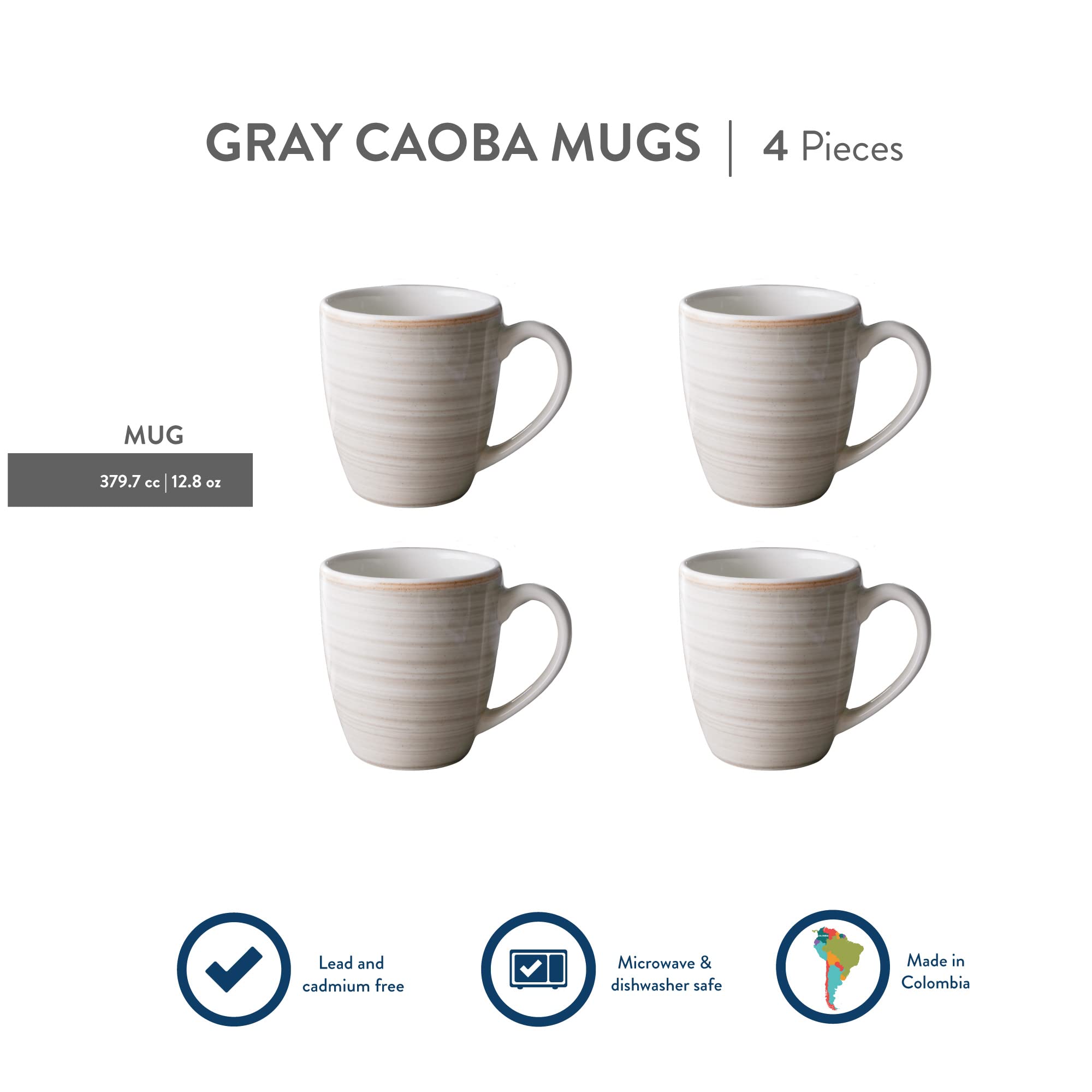 Corona Mugs set of 4 | Perfect for Coffee and Tea Lovers | Gray Caoba 12.8 oz - 380cc|4 Pieces|Ceramic|Hand Painted |Cerámica